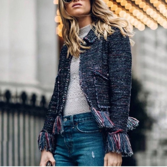Zara | Jackets & Coats | Zara Fringed Tweed Jacket Sm Blazer Blue Purple 20577 F1 | Poshmark